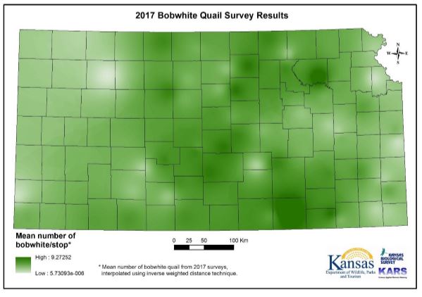 The darker the green on this map, the more quail whistles were heard in ...